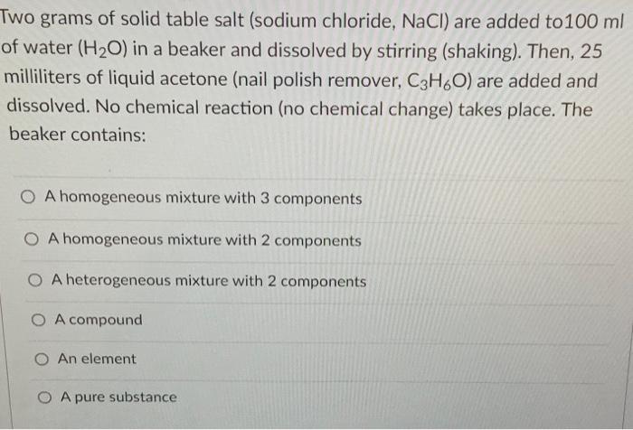 Solved Two grams of solid table salt (sodium chloride, NaCl) | Chegg.com