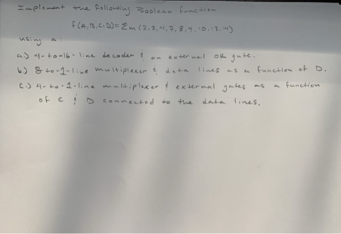 Solved Implement the following Boolean function - f(A, B, C, | Chegg.com