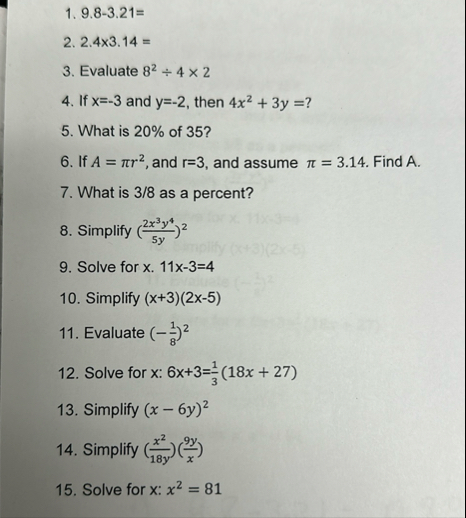 Solved Practice 1. ﻿Name: q,9.8-3.21=2.4×3.14=Evaluate | Chegg.com