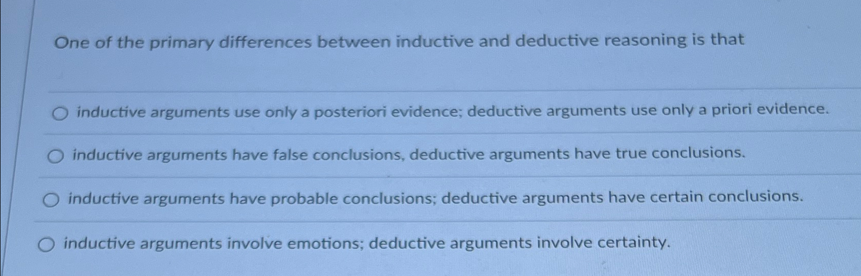 Solved One of the primary differences between inductive and | Chegg.com