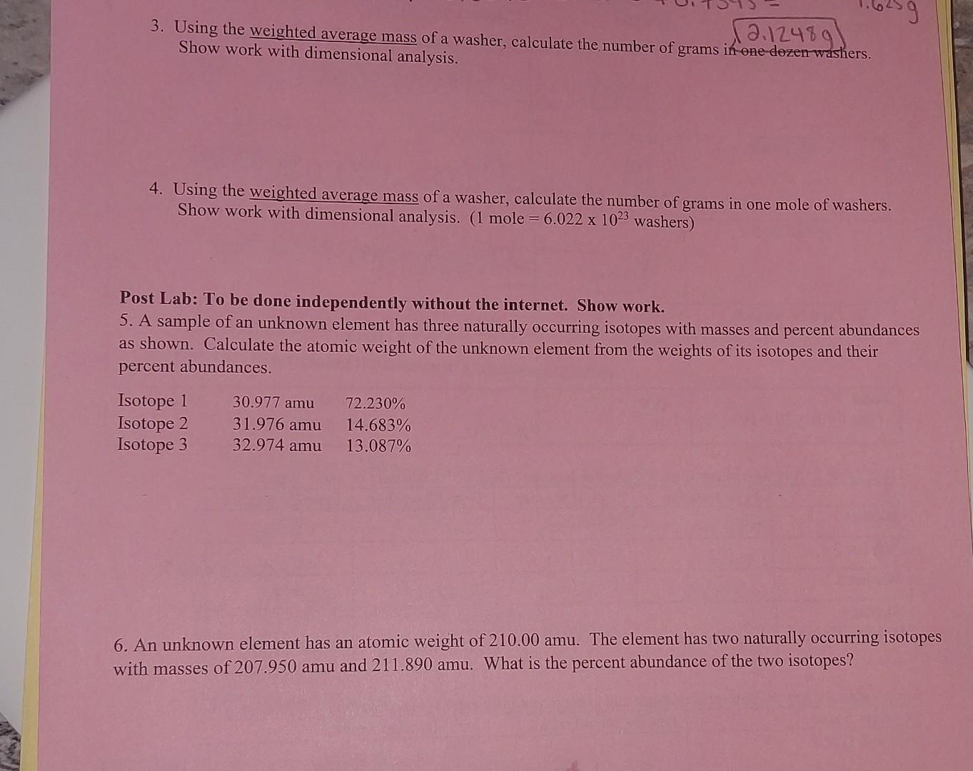 Solved 3. Using the weighted average mass of a washer, | Chegg.com
