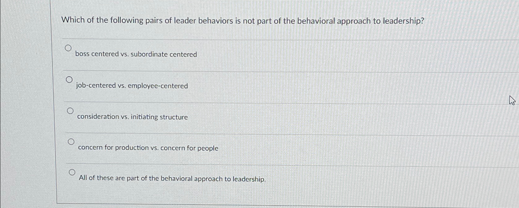 Solved Which of the following pairs of leader behaviors is | Chegg.com