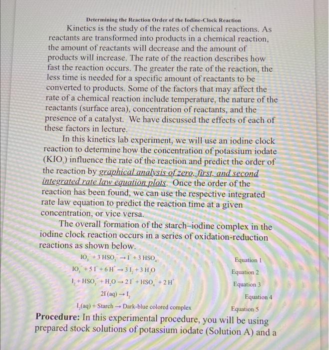 Solved Determining the Reaction Order of the Iodine-Clock | Chegg.com