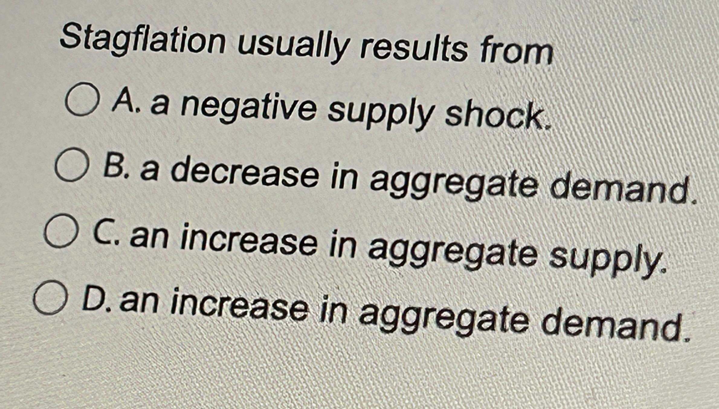 Solved Stagflation usually results fromA. ﻿a negative supply | Chegg.com