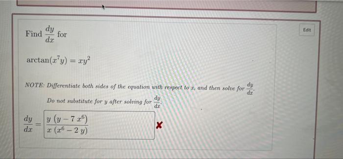 Solved Find for dx arctan(r’y) = g dy dz NOTE: Differentiate | Chegg.com