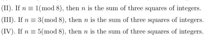 Solved (II). If n = 1(mod 8), then n is the sum of three | Chegg.com