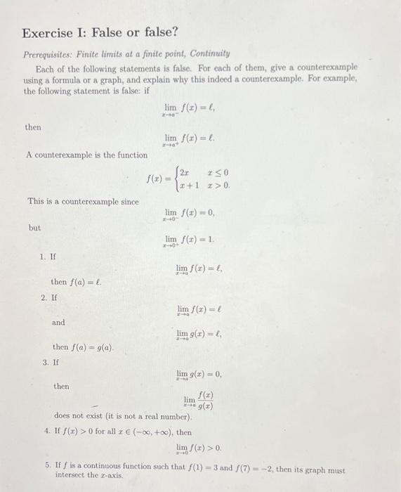 Solved Exercise I: False or false? Prerequisites: Finite | Chegg.com