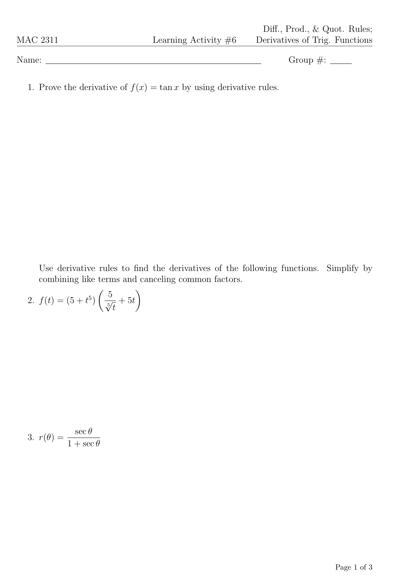 Solved Diff., Prod., & Quot. Rules;MAC 2311Learning Activity | Chegg.com