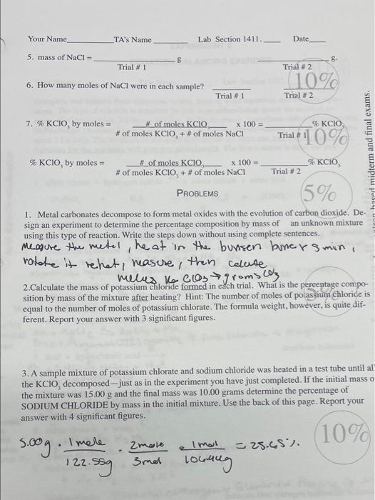 Solved Your Name TA's Name Lab Section 1411. Date 5. mass of | Chegg.com