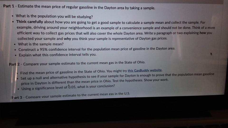 Solved Part 1 - Estimate the mean price of regular gasoline | Chegg.com