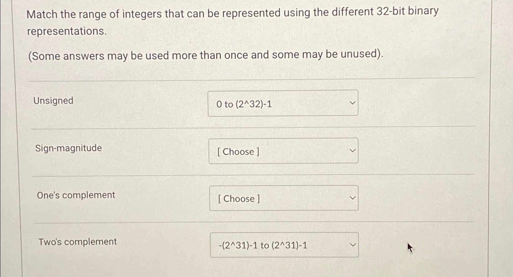 Solved Match the range of integers that can be represented | Chegg.com