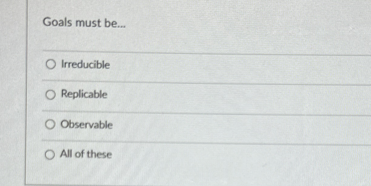 Solved Goals must be...IrreducibleReplicableObservableAll of | Chegg.com