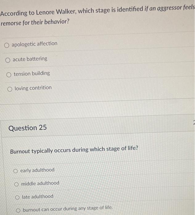 Solved According to Lenore Walker, which stage is identified | Chegg.com