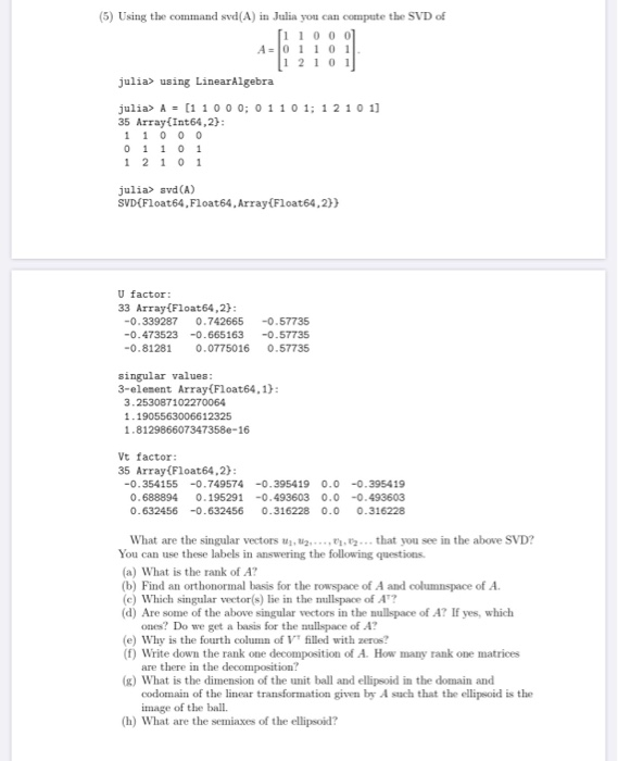 (5) Using the command svd (A) in Julia you can | Chegg.com