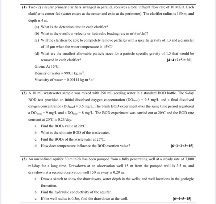 Solved (1) Two (2) circular primary clarifiers arranged in | Chegg.com