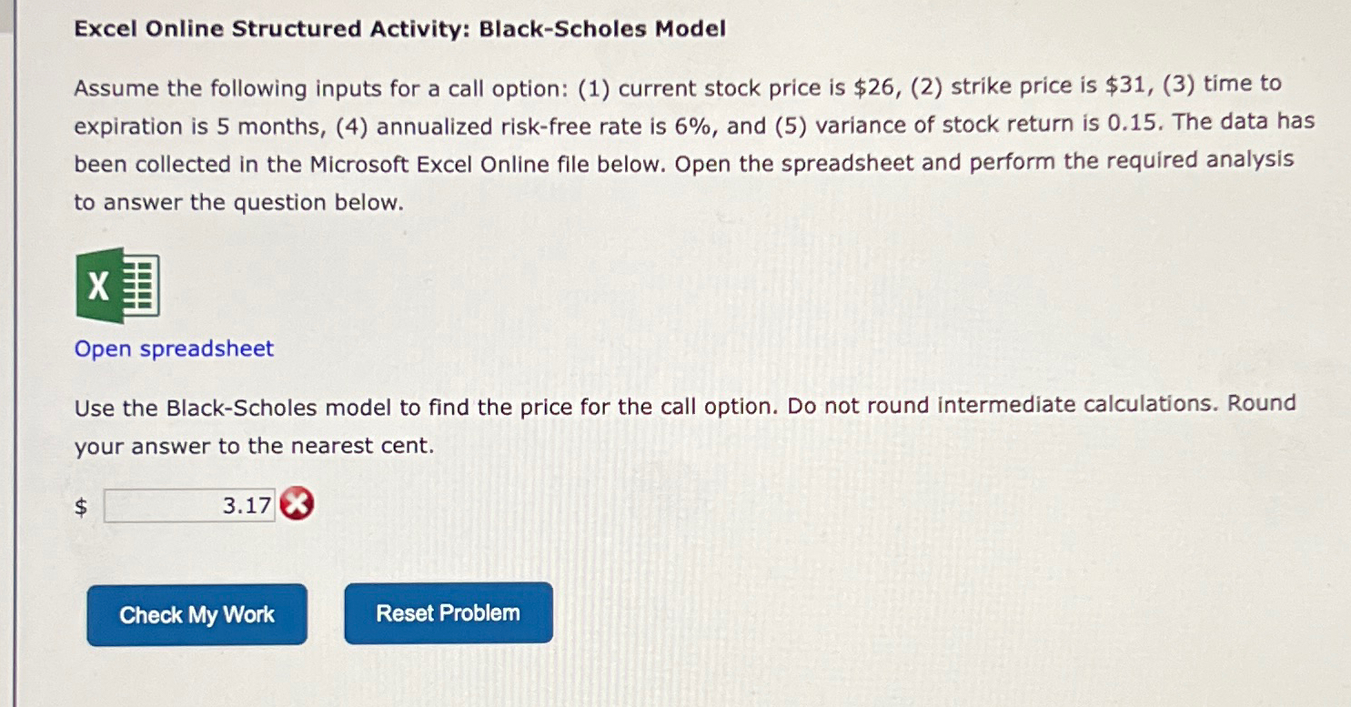 Excel Online Structured Activity: Black-Scholes | Chegg.com