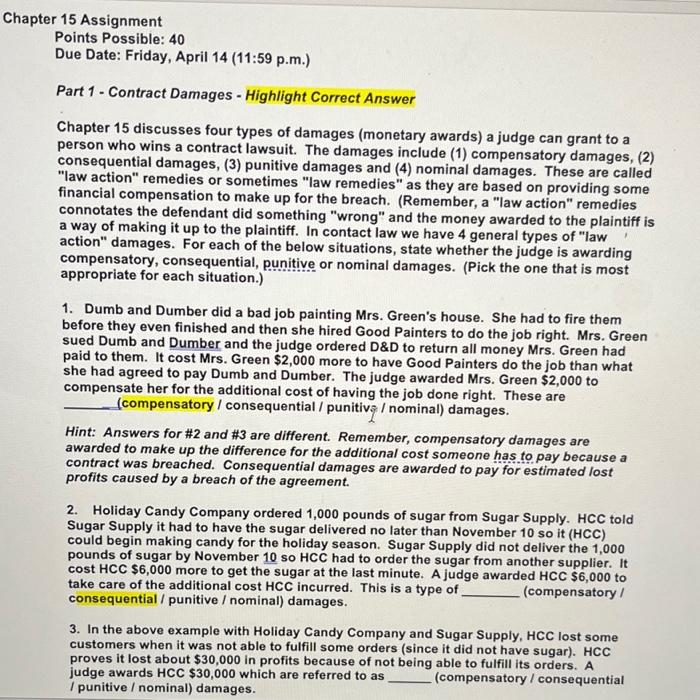 Part 1 - Contract Damages - Highlight Correct Answer | Chegg.com