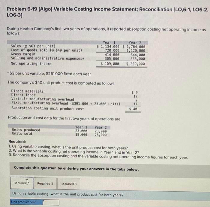 Solved Problem 6-19 (Algo) Variable Costing Income | Chegg.com