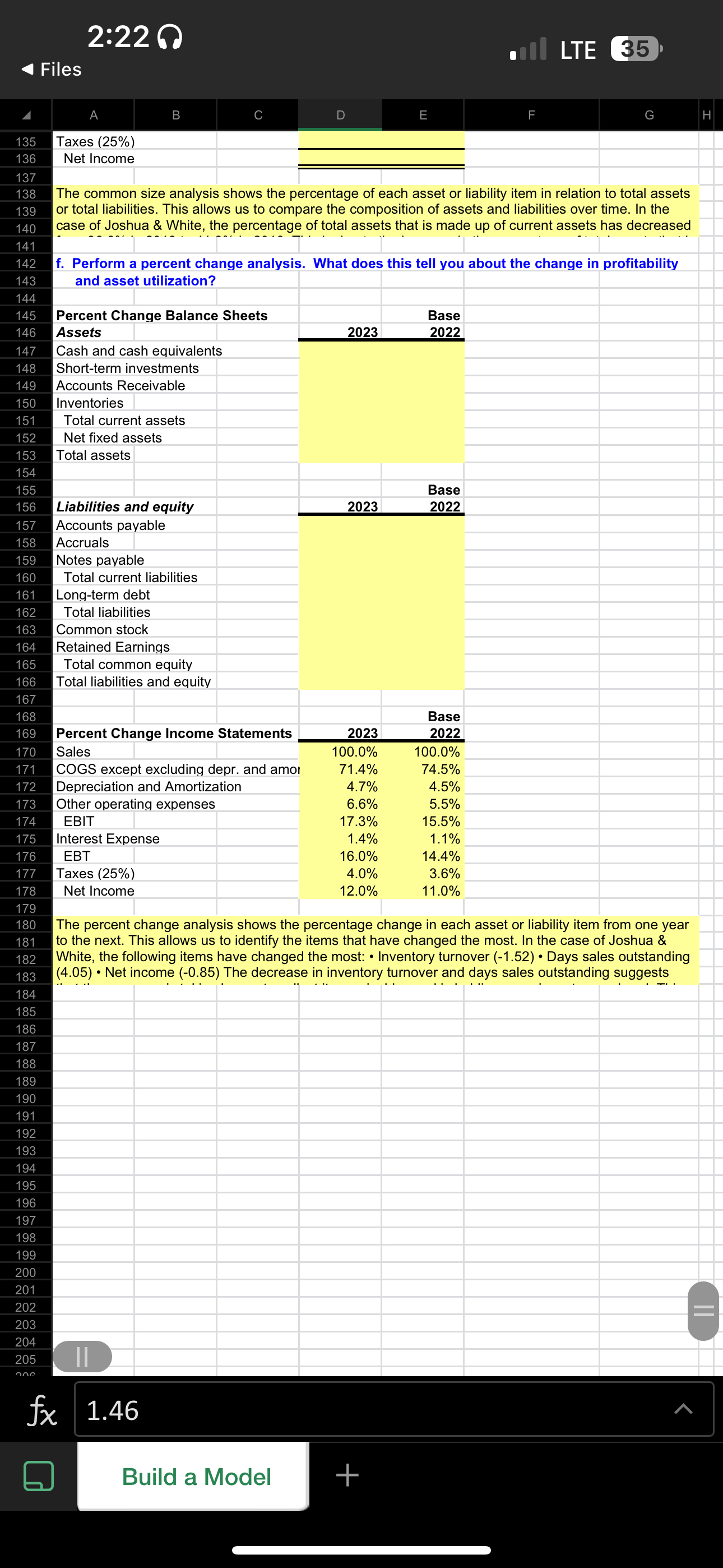 Solved 2:22ΩFilesLTE35The percent change analysis shows the | Chegg.com