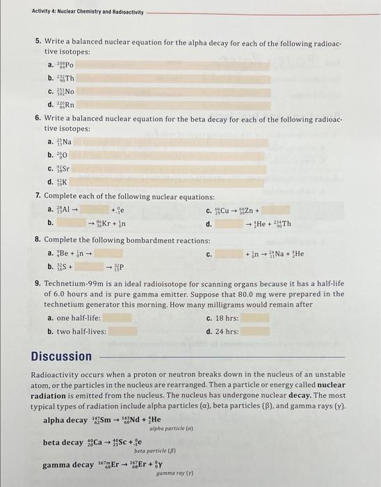 Solved Activity 4: Nuclear Chemistry and Radioactivity 5. | Chegg.com