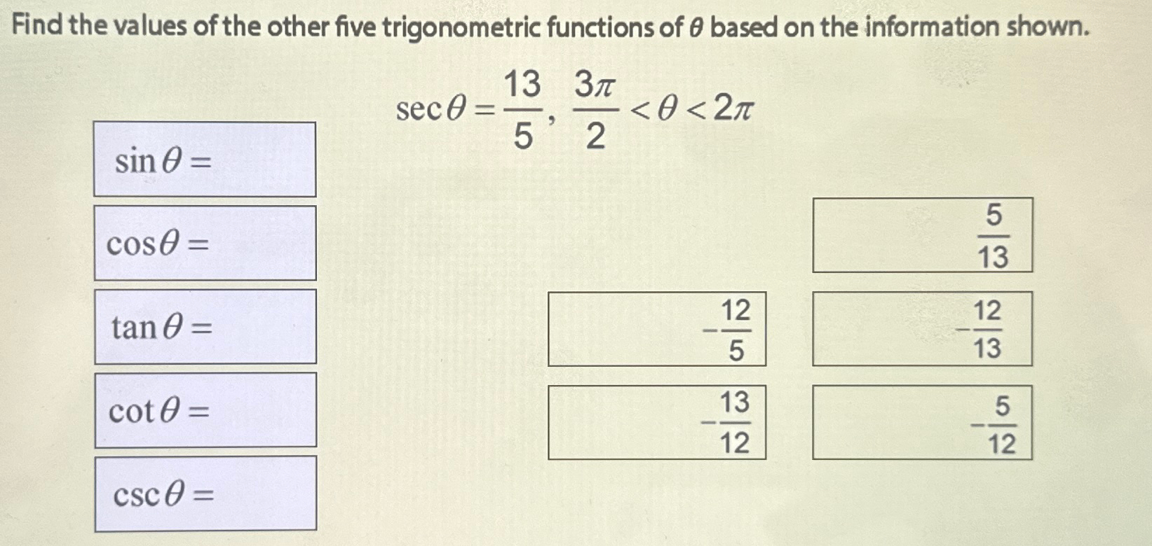 Solved Find the values of the other five trigonometric | Chegg.com