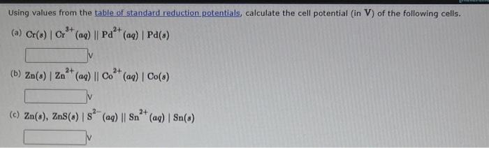 Solved Using values from the table of standard reduction | Chegg.com