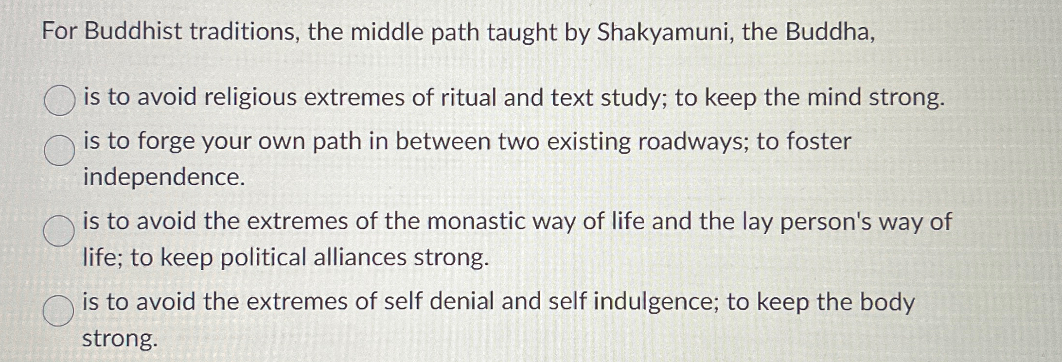 Solved For Buddhist traditions, the middle path taught by | Chegg.com
