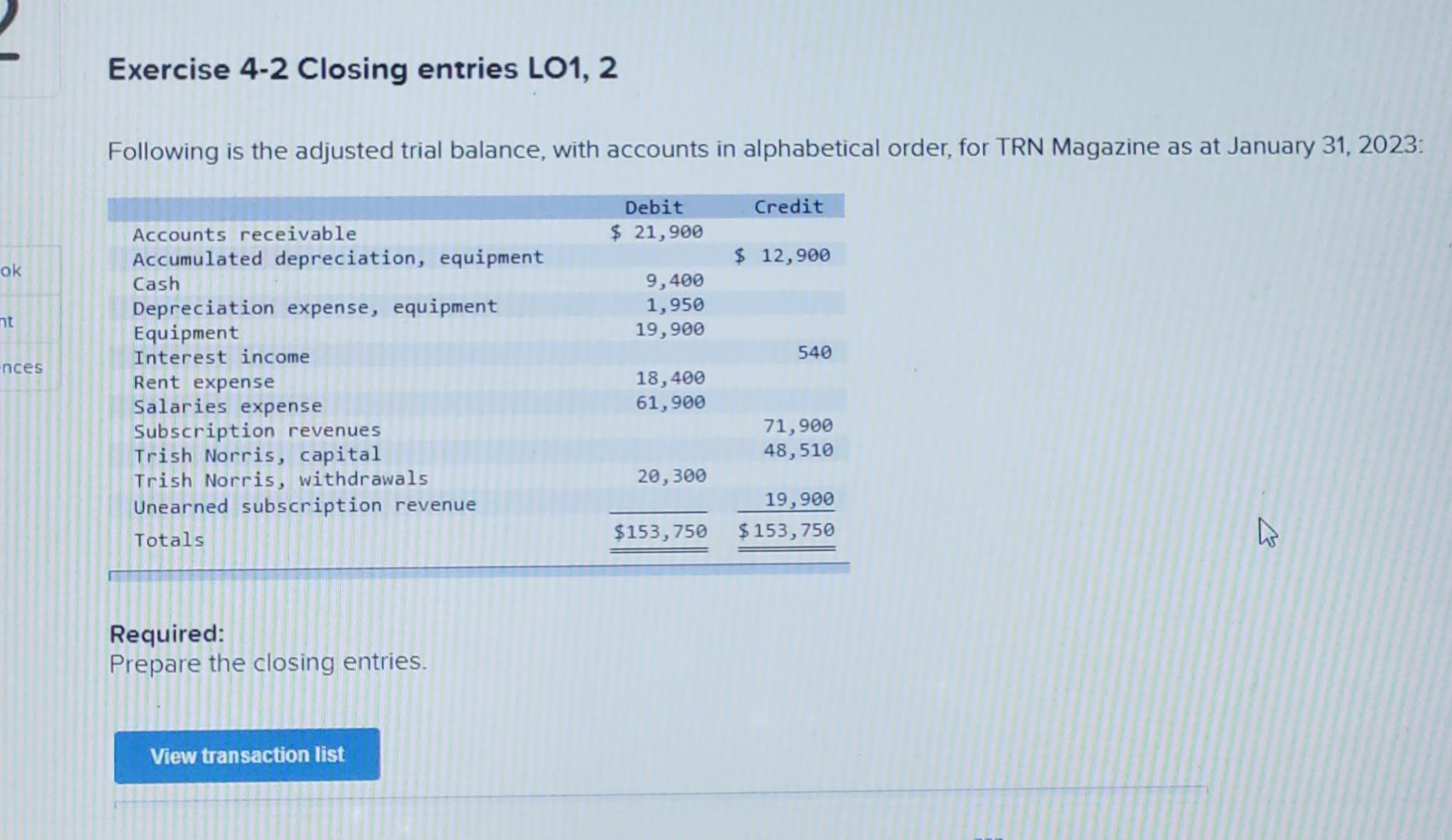 Solved Exercise 4-2 Closing entries LO1, 2 Following is the | Chegg.com