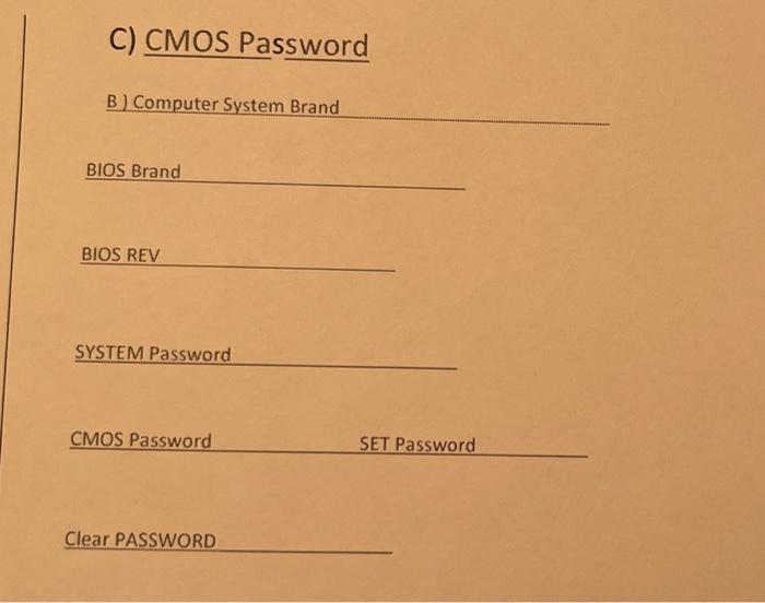 Solved C) CMOS Password B) Computer System Brand BIOS Brand | Chegg.com