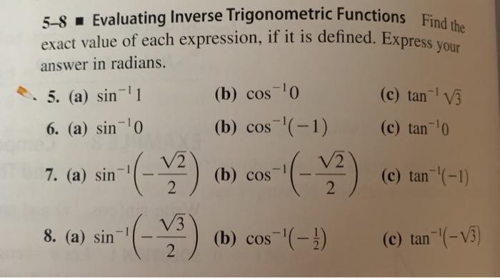 Solved 5-8 Evaluating Inverse Trigonometric Functions Find | Chegg.com