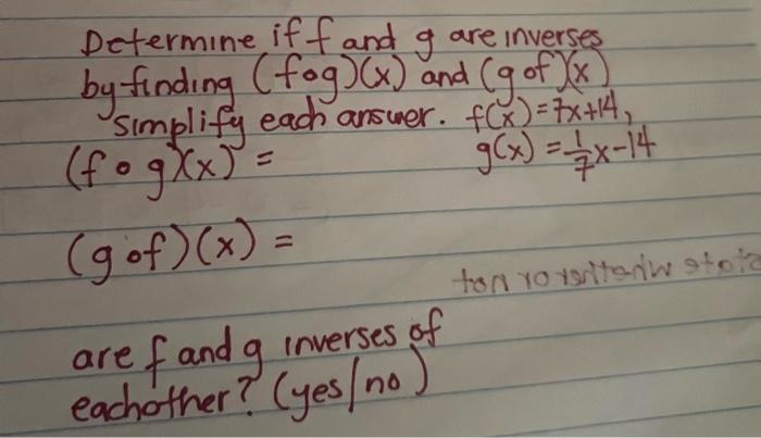 Solved Determine if f and g are inverses by finding (f∘g)(x) | Chegg.com