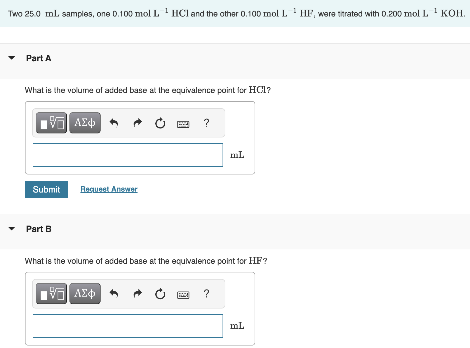 Solved Two 25.0mL ﻿samples, one 0.100molL-1HCl ﻿and the | Chegg.com