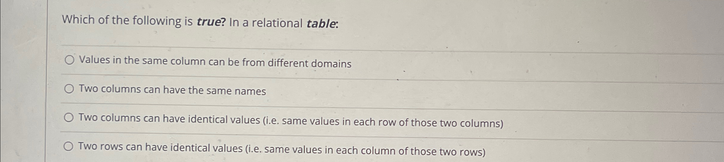 Solved Which of the following is true? In a relational | Chegg.com
