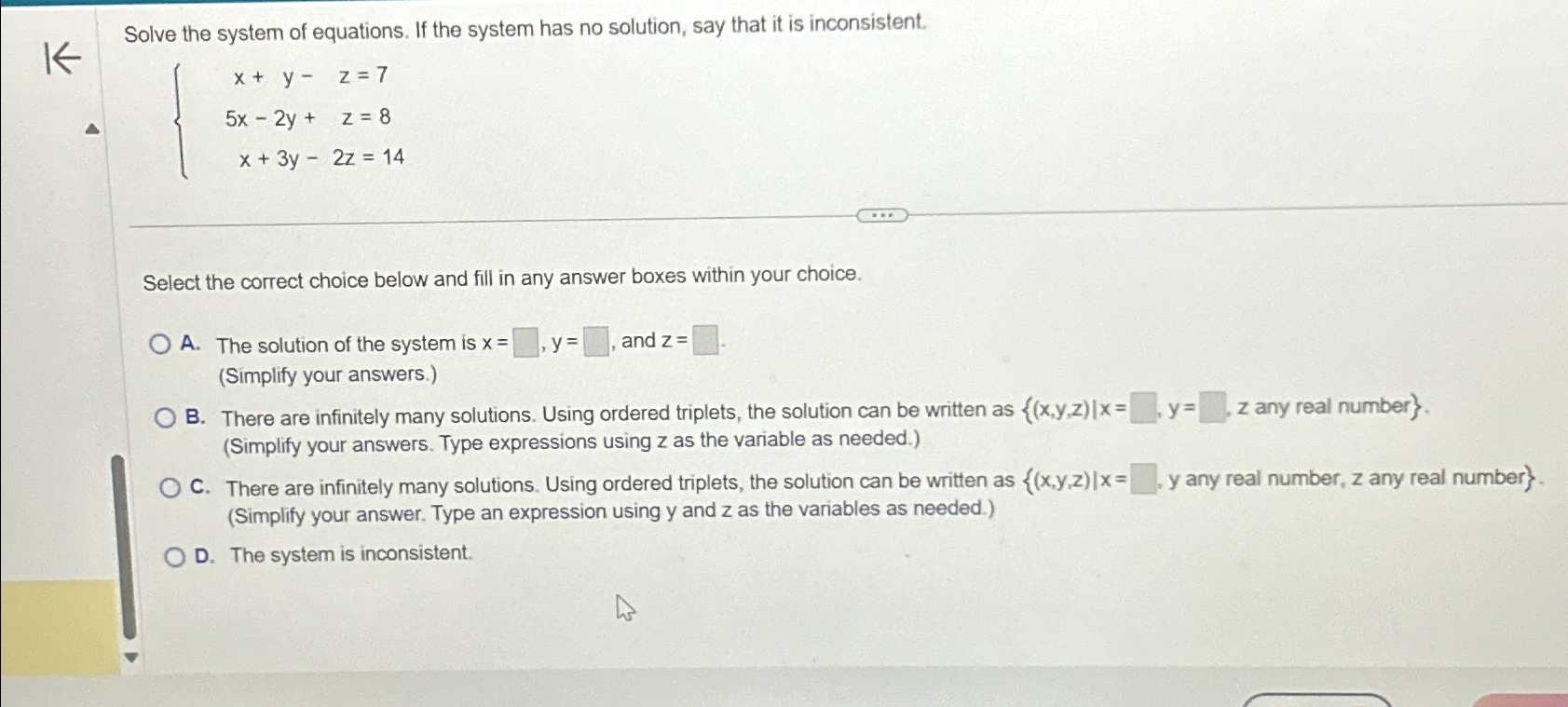 Solved Solve the system of equations. If the system has no | Chegg.com