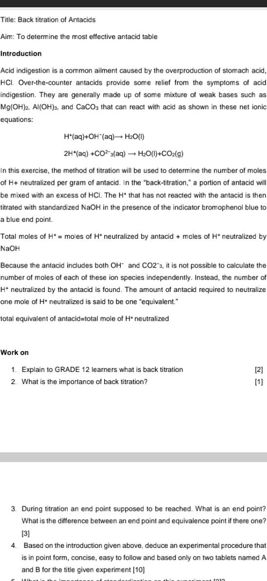 Solved Title: Back titration of Antacids Aim: To determine | Chegg.com
