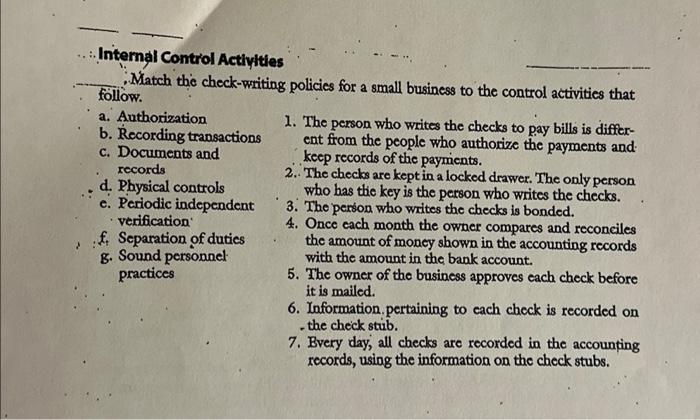 Solved ...Internal Control Activities Match the | Chegg.com