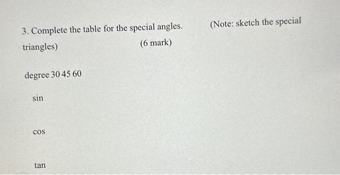 Solved 3. Complete the table for the special angles. (Note: | Chegg.com