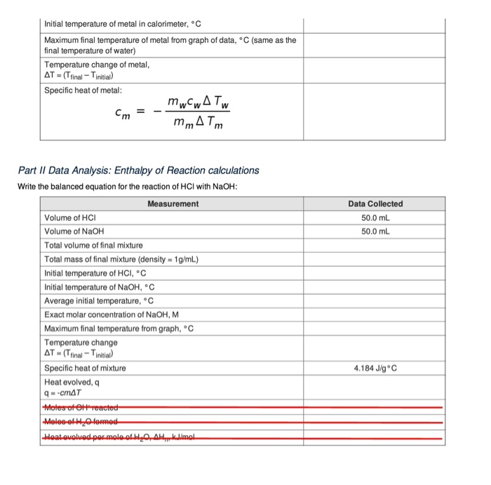 Solved Data Collected Data Sheet Table 1: Calorimeter | Chegg.com