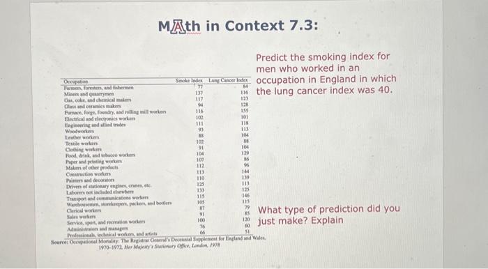 M还th in Context 7.3: Predict the smoking index for | Chegg.com