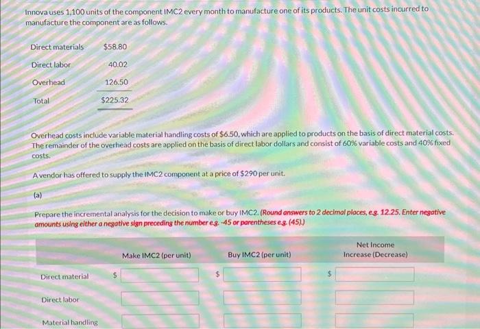 Solved Innova uses 1,100 units of the component IMC2 every | Chegg.com