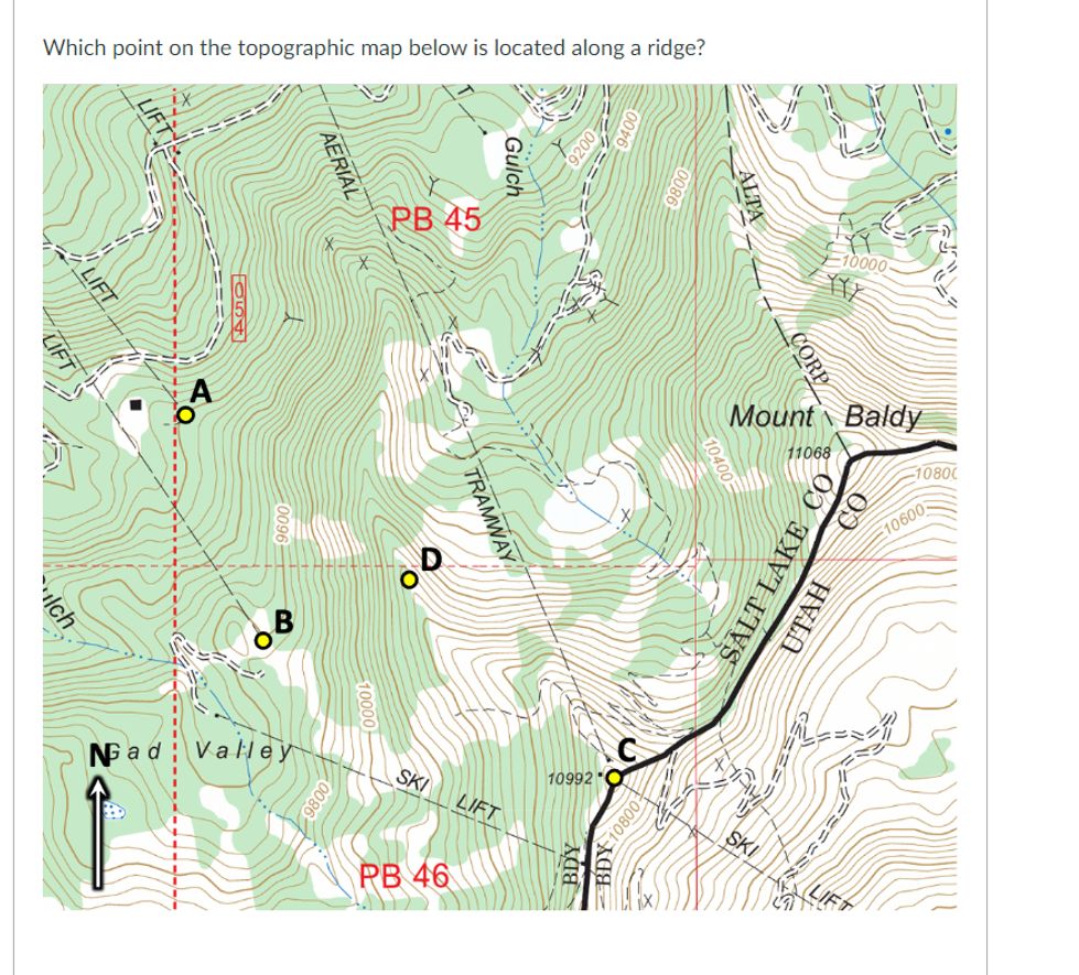 Solved Which point on the topographic map below is located | Chegg.com