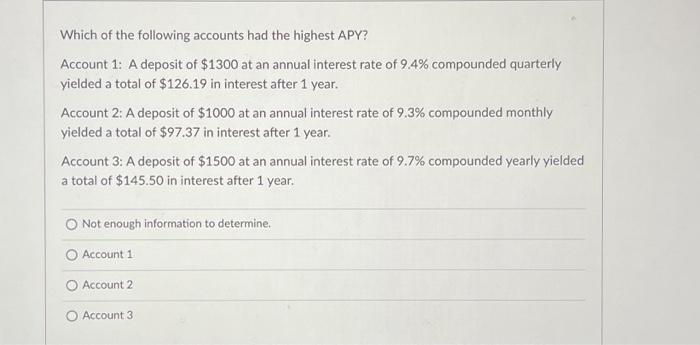 Solved Which of the following accounts had the highest APY? | Chegg.com
