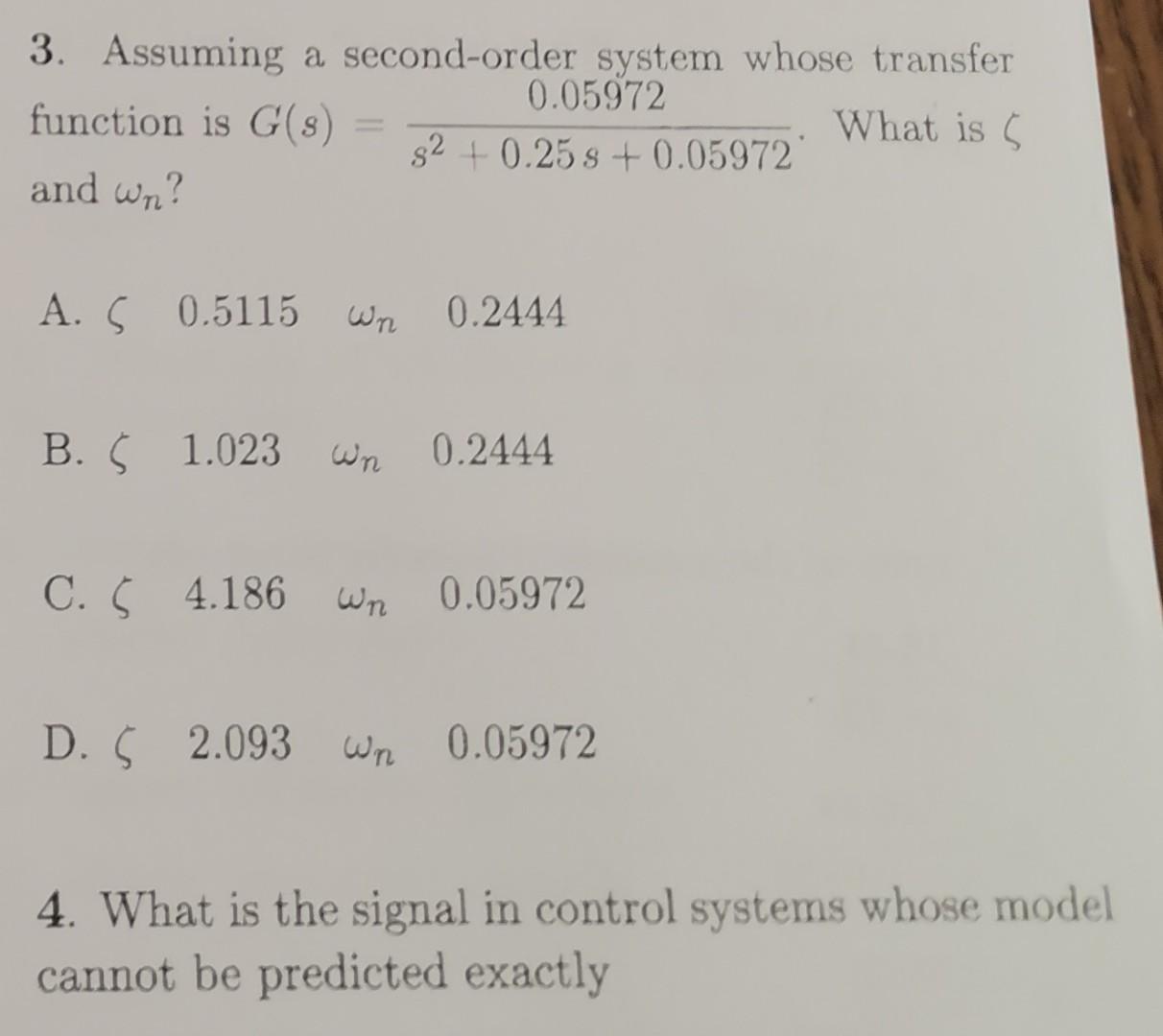 Solved 3. Assuming a second-order system whose transfer | Chegg.com
