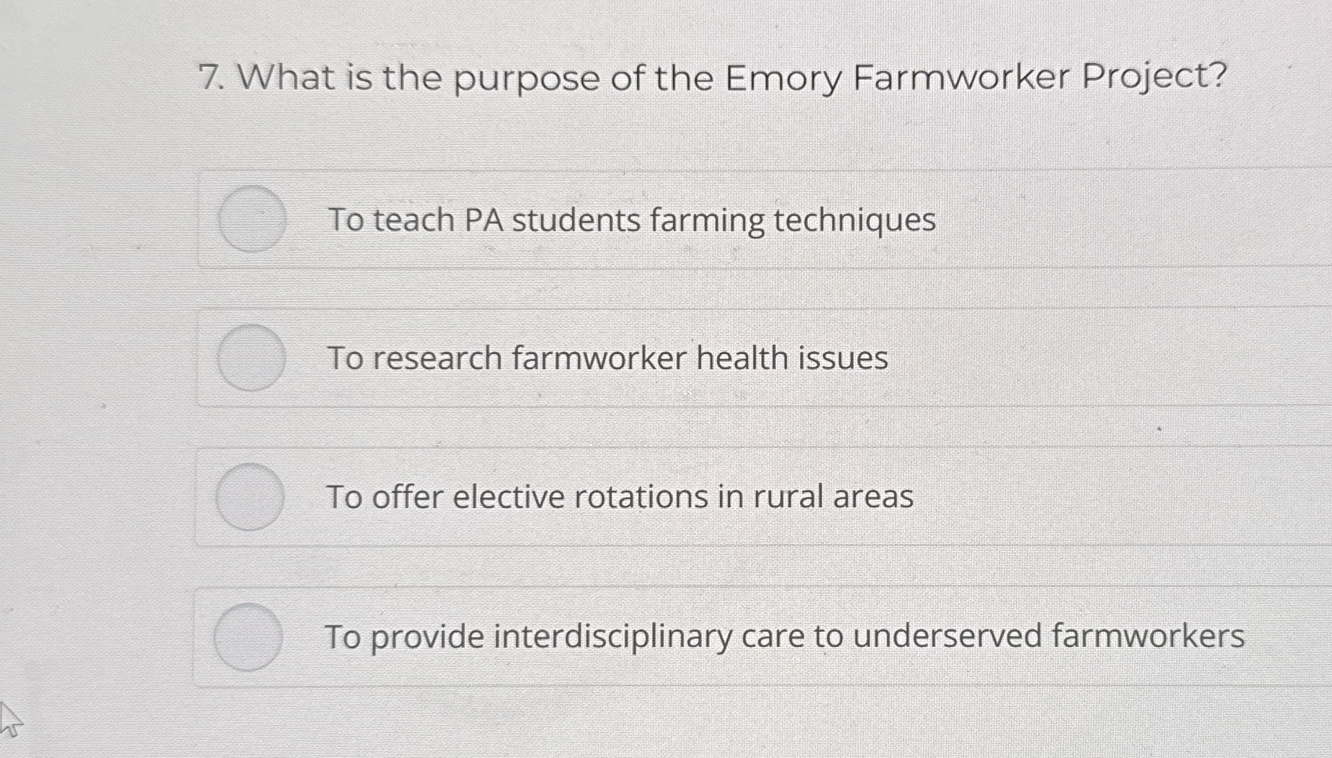 Solved What is the purpose of the Emory Farmworker | Chegg.com