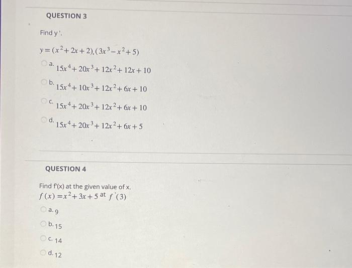 Solved Find y′. y=(x2+2x+2),(3x3−x2+5) a. | Chegg.com