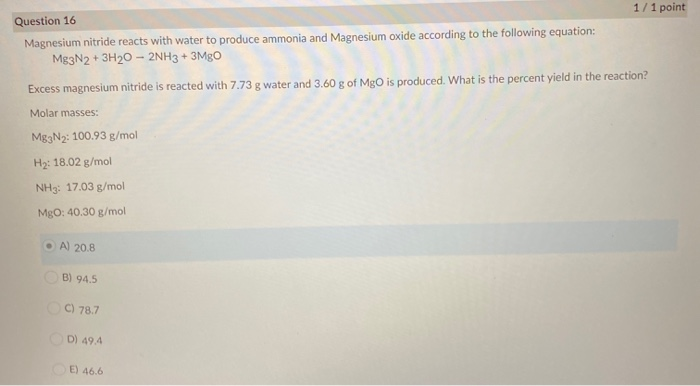 Solved Excess magnesium nitride is reacted with 7.73g water | Chegg.com