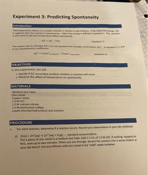 Solved Experiment 3: Predicting Spontaneity Introduction | Chegg.com