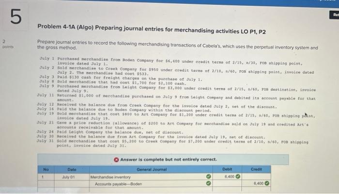 Solved 5 Ret Problem 4-1A (Algo) Preparing journal entries | Chegg.com