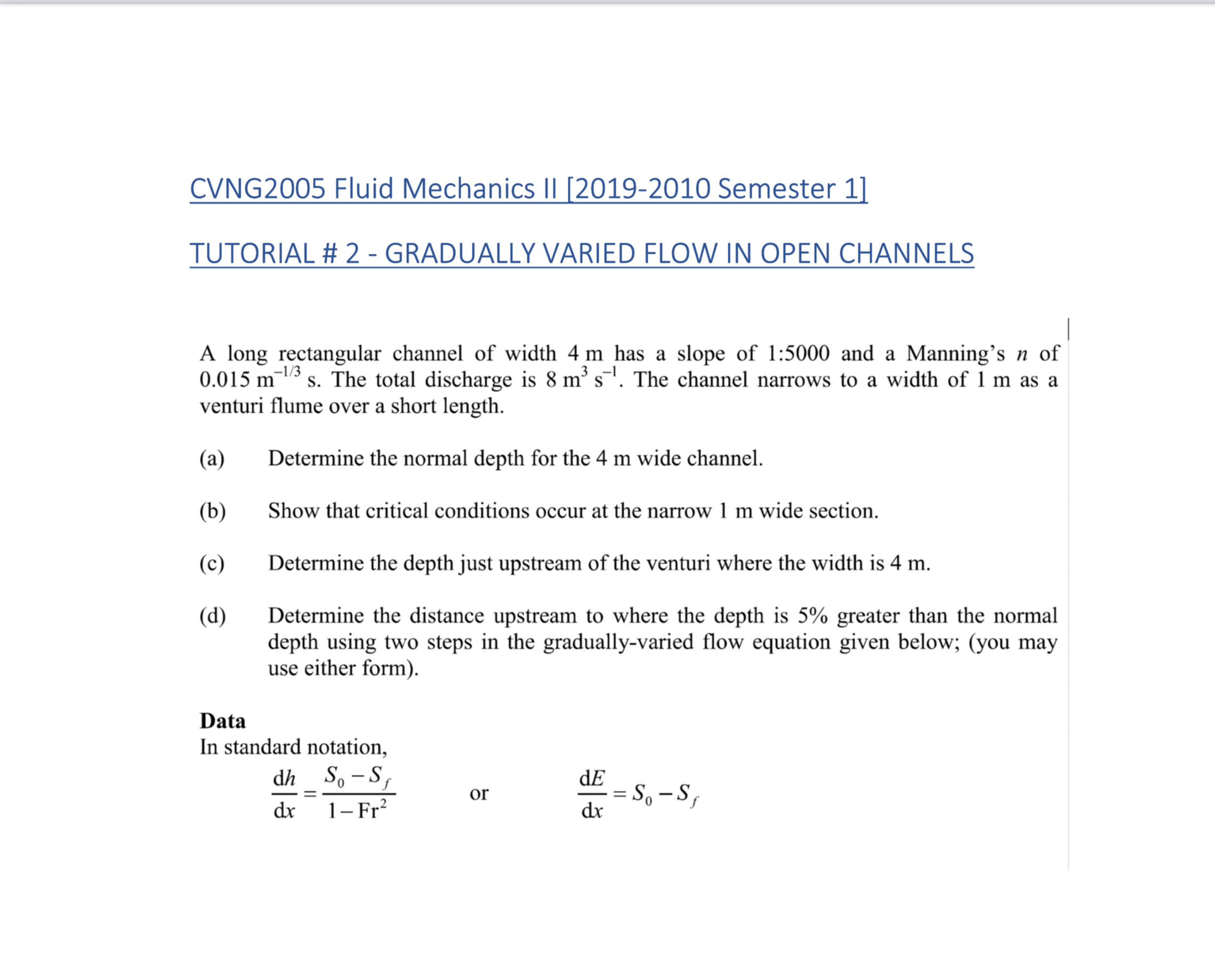 Solved CVNG2005 ﻿Fluid Mechanics II [2019-2010 ﻿Semester | Chegg.com