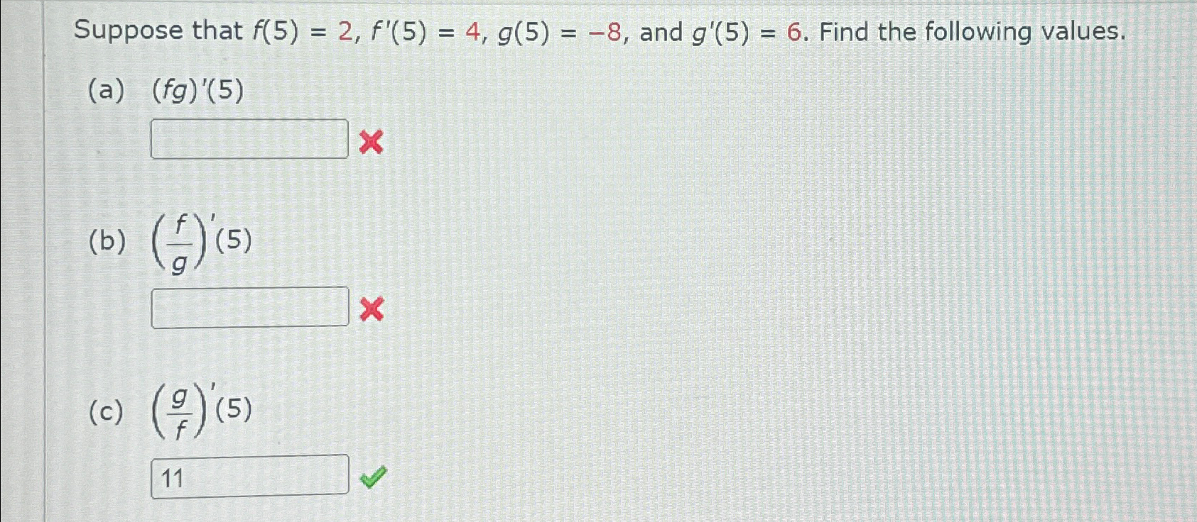 Solved Suppose that f(5)=2,f'(5)=4,g(5)=-8, ﻿and g'(5)=6. | Chegg.com